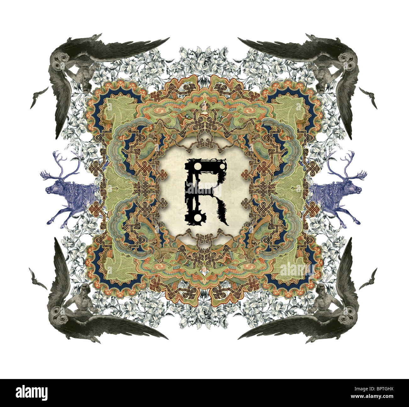 The Victorian capital letter R with four owls and two deer Stock Photo ...