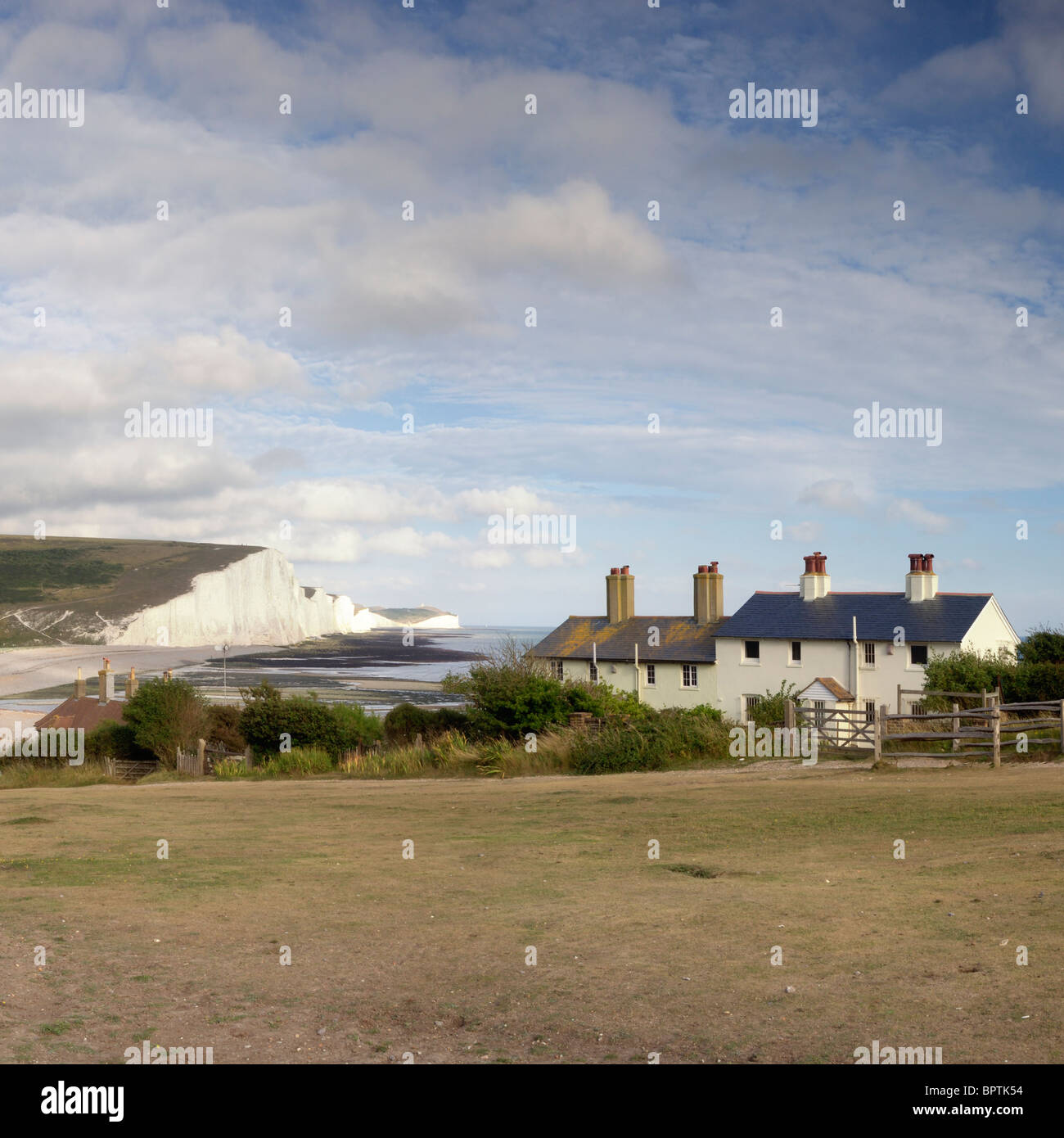 Famous chalk cliffs, the Seven Sisters and lifeboat cottages from ...