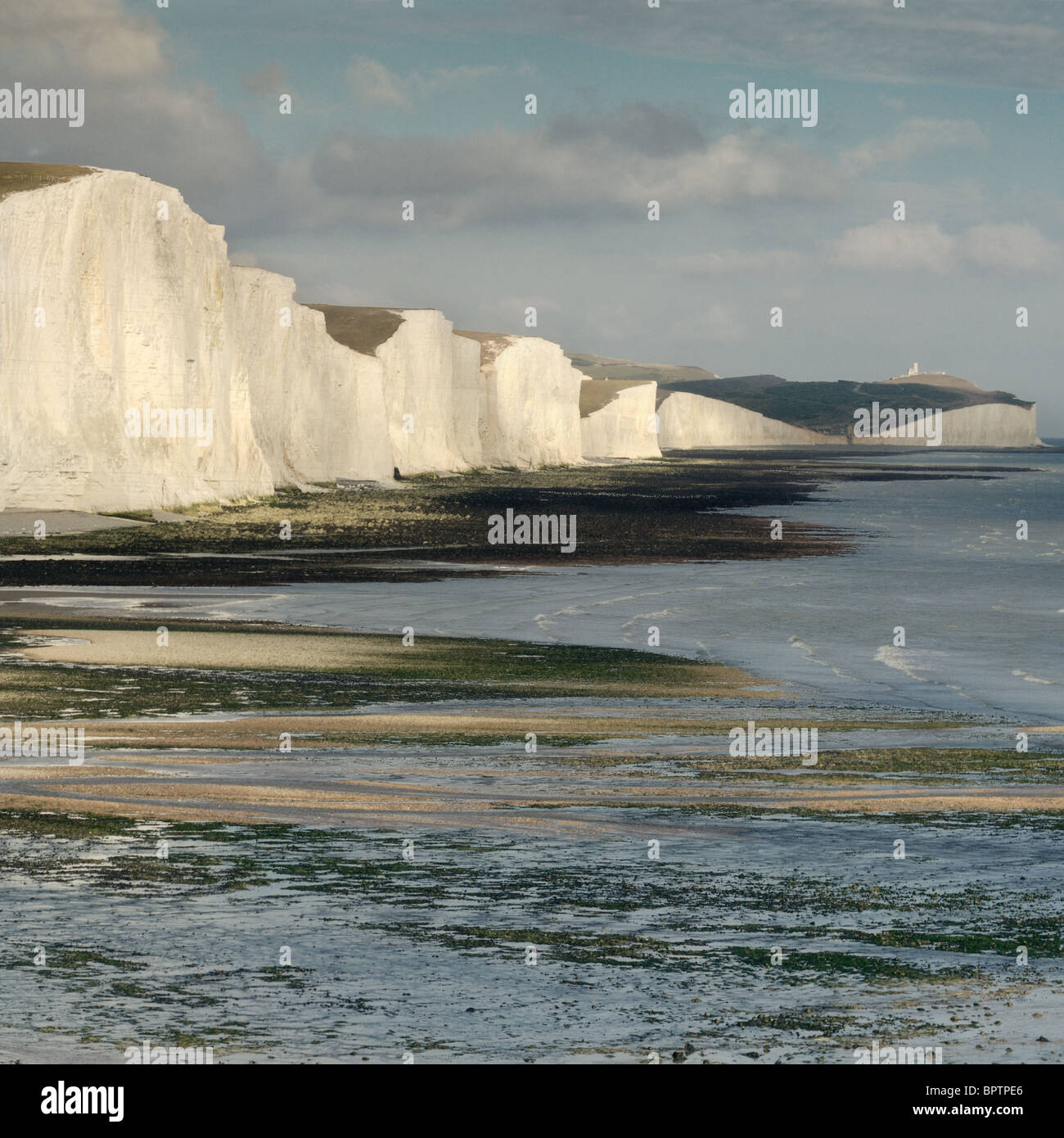 Famous chalk cliffs, the Seven Sisters from seaford head, East sussex ...
