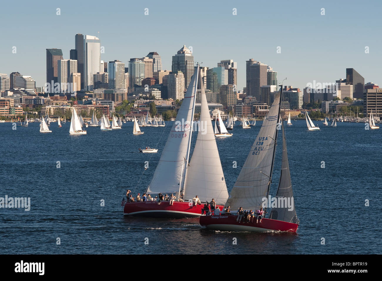 Sailboat races on Lake Union with Seattle Skyline Seattle Washington ...