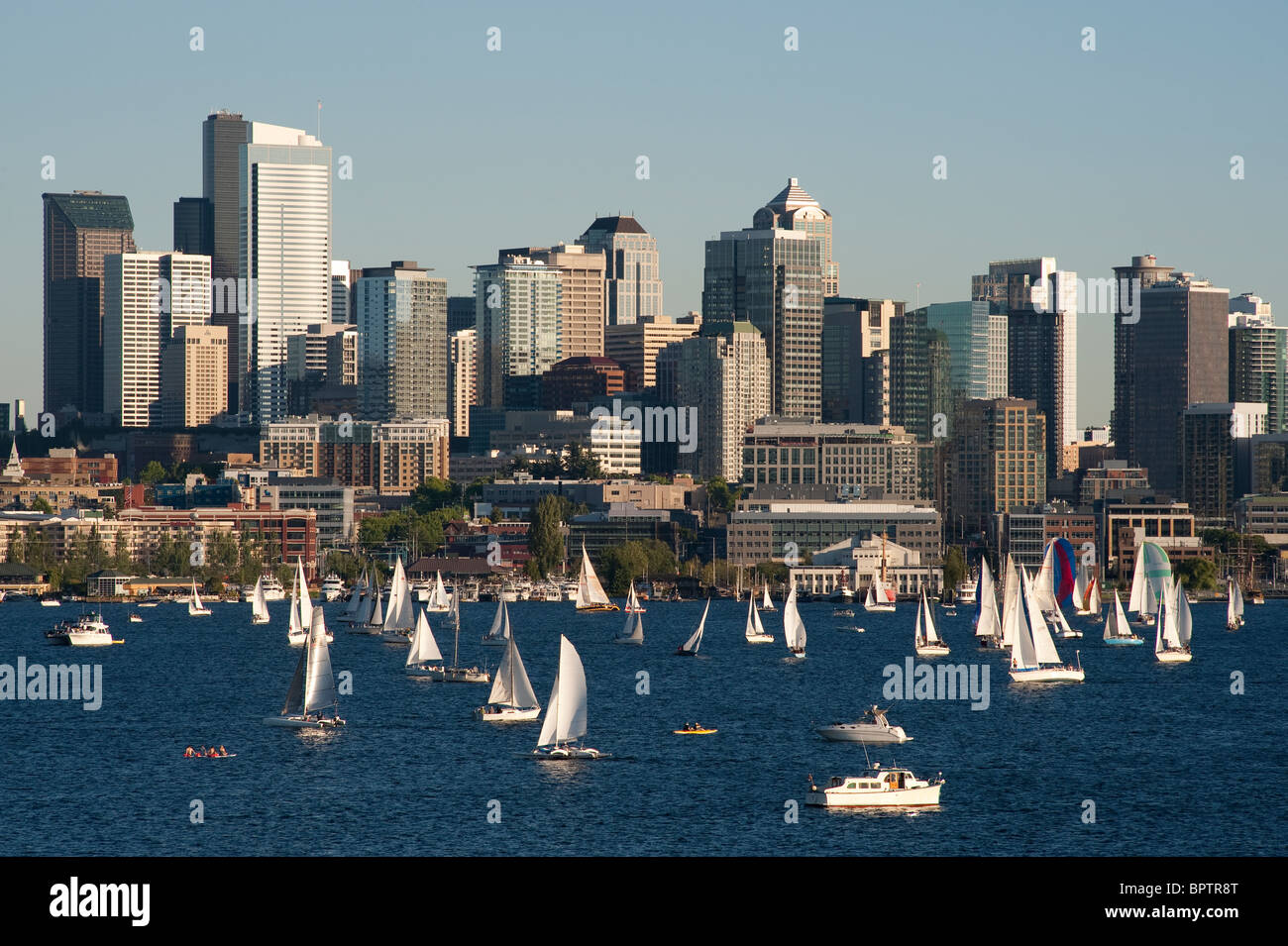 Retro image of Sailboat races on Lake Union with Seattle Skyline ...