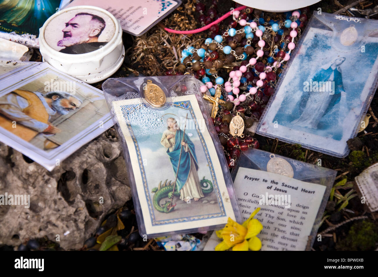 Religious iconography left at a shrine at the Franciscan Centre in ...
