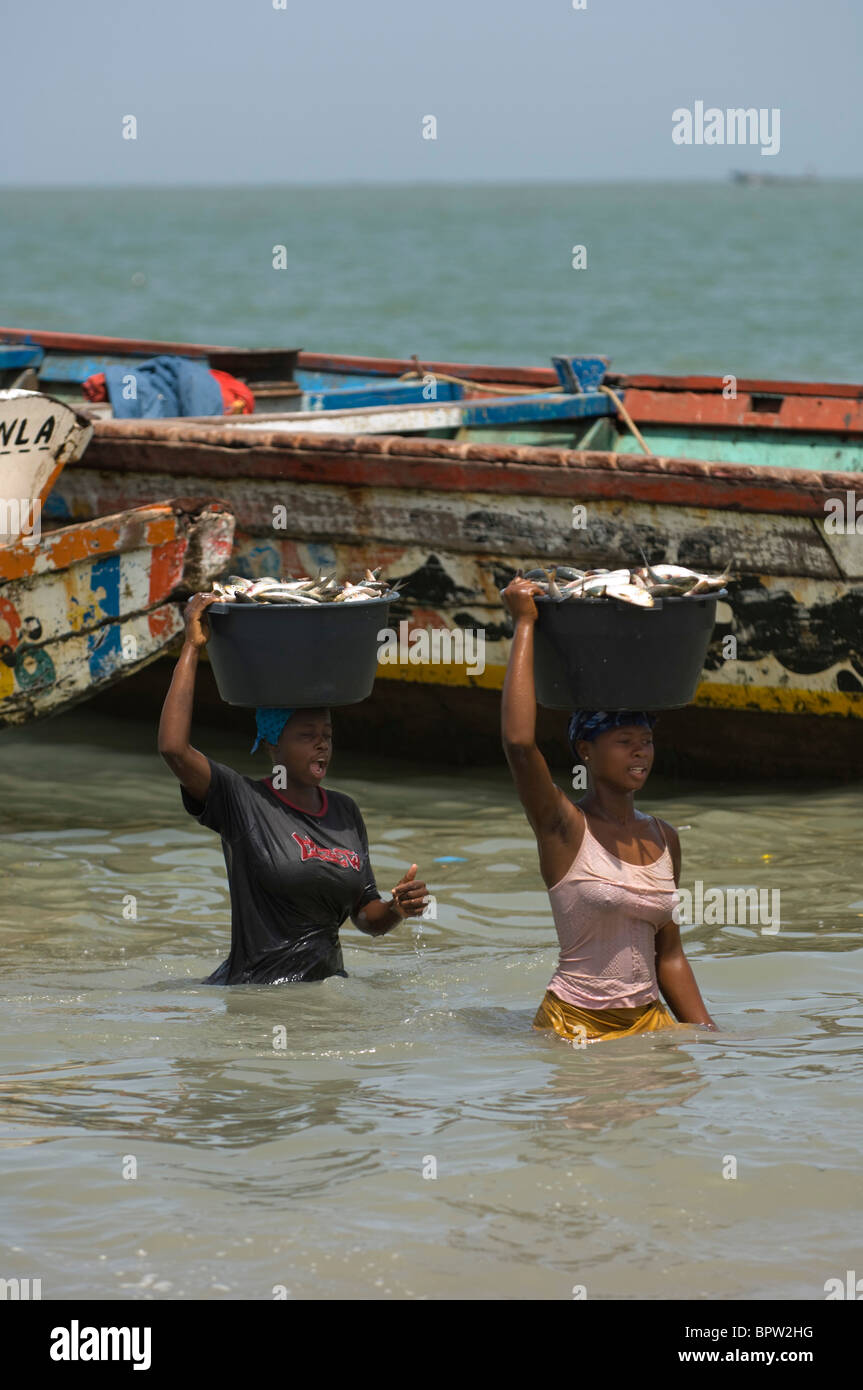 people off-load fish from fishing pirogues at the fish market, Tanji ...