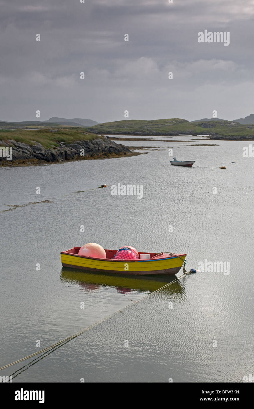 Moored lobster boat in Loch Thiarabagh Isle of Barra, Outer Hebrides ...