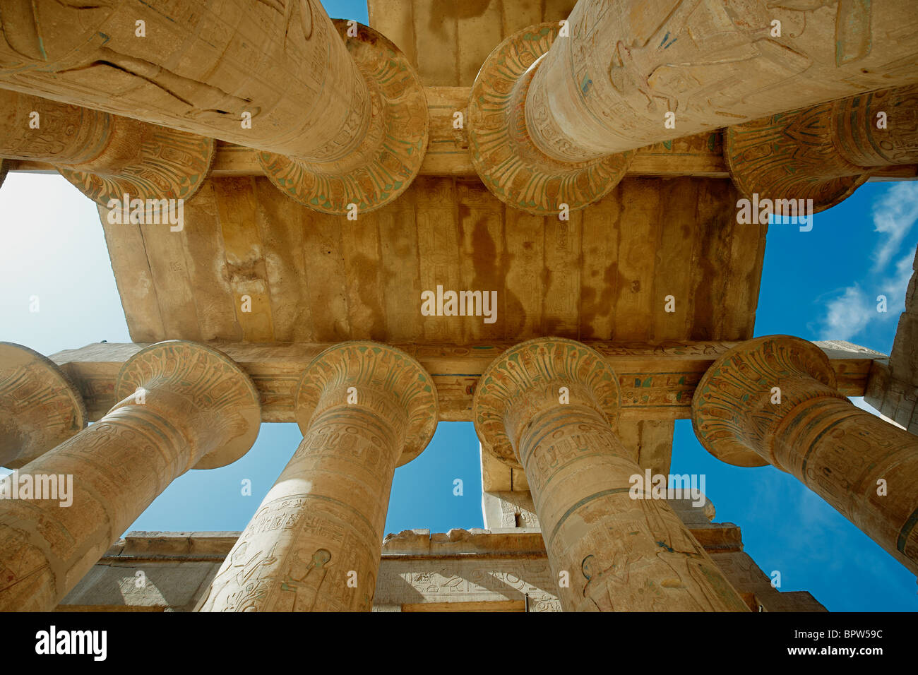 column hall, painted columns in Ramesseum, temple of Ramesses II ...
