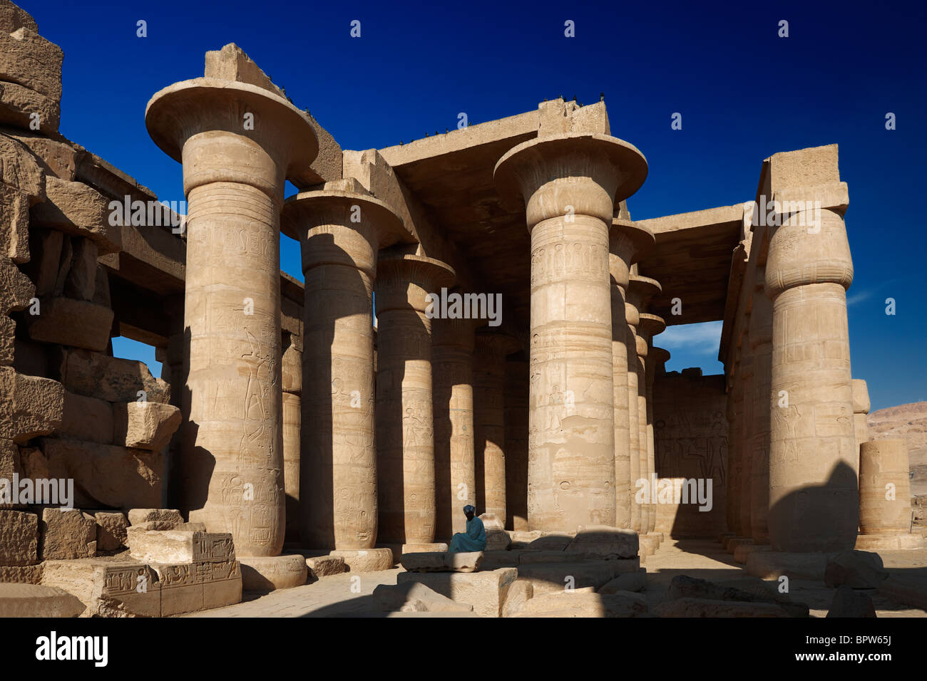 column hall, painted columns in Ramesseum, temple of Ramesses II ...