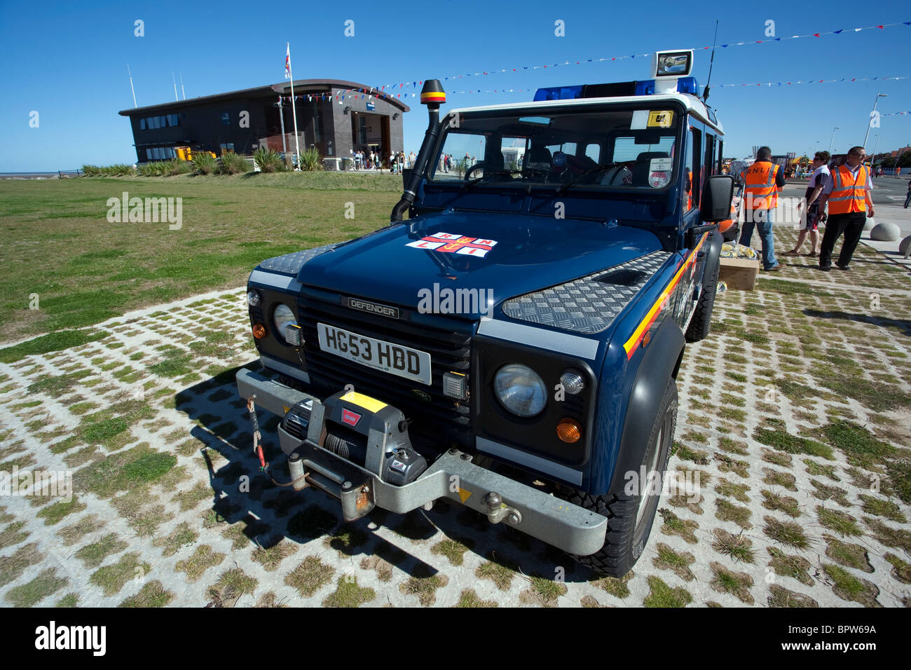 The RNLI Land Rover parked on the concrete lifeboat return path at ...
