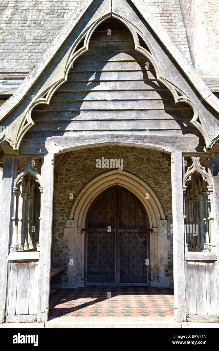 Wooden porch at entrance to St Andrew's Church, Monkton Wyld, Dorset ...