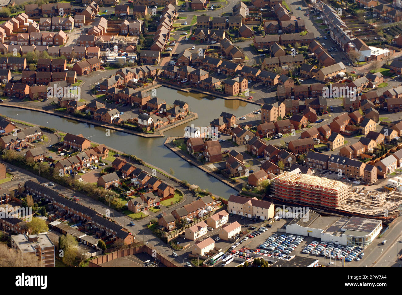 Aerial view of Tividale Quays canal side housing in Tividale Sandwell ...