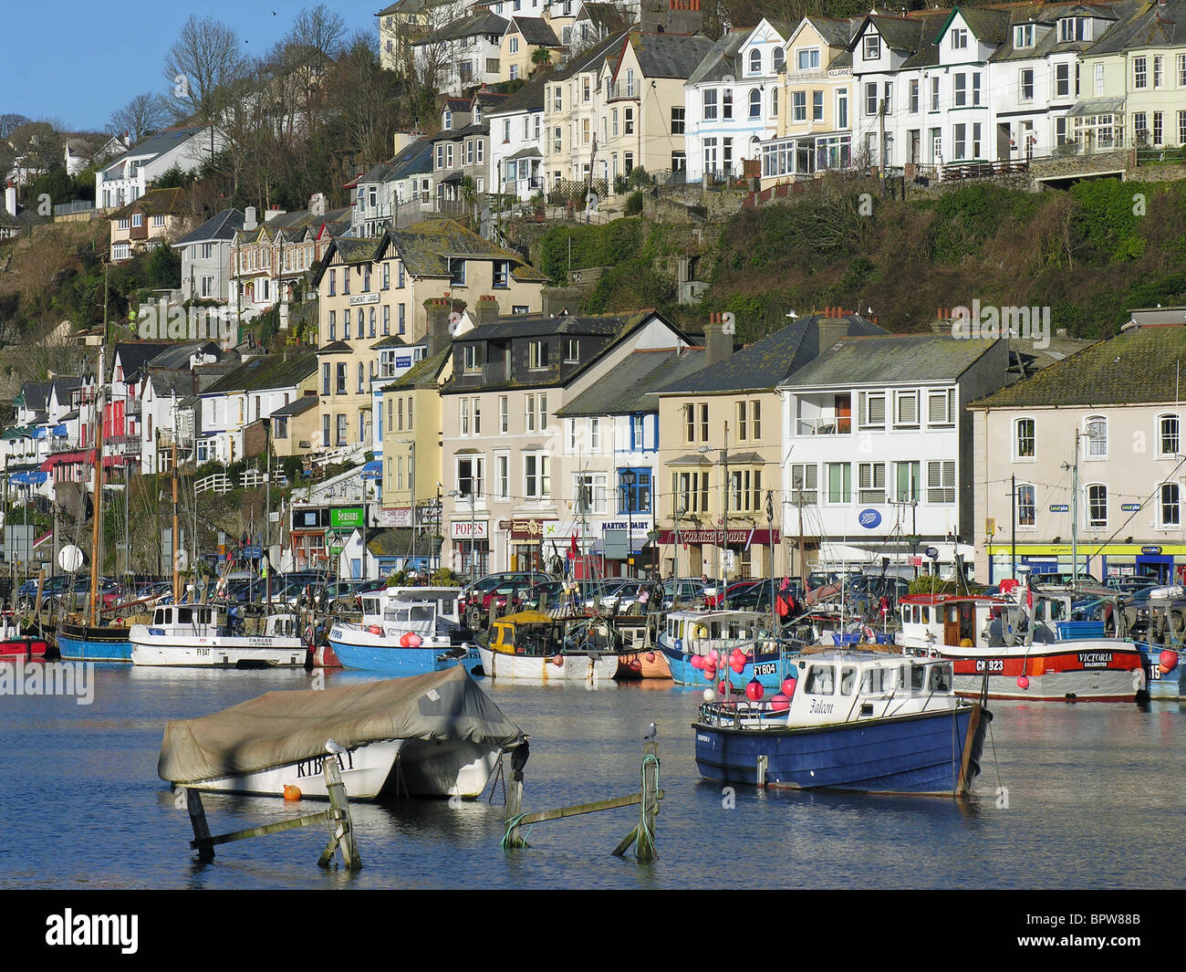 Houses and shops at East Looe viewed across the river from West Looe ...