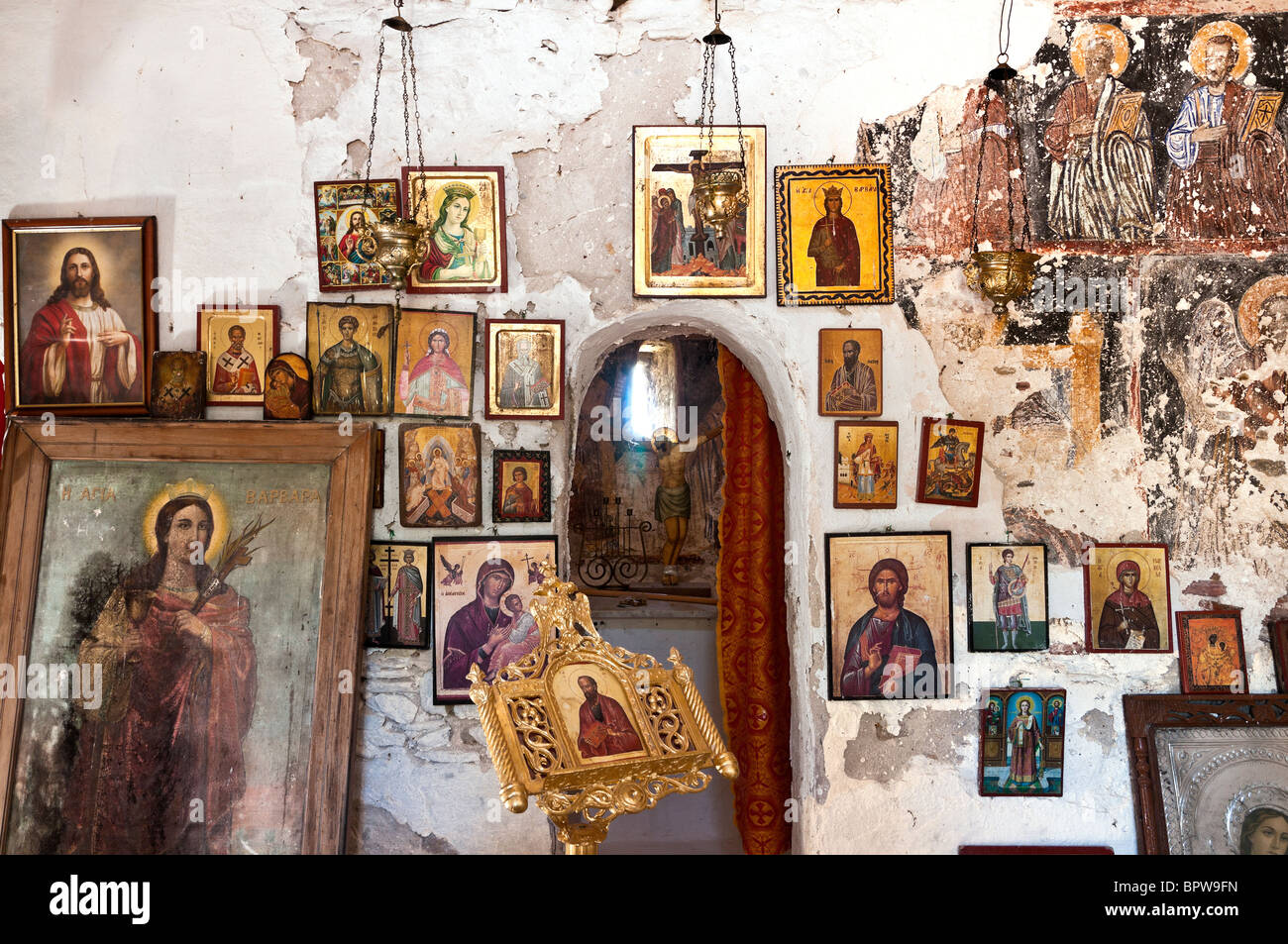 The interior of Agia Varvara byzantine church, decorated with icons, at ...