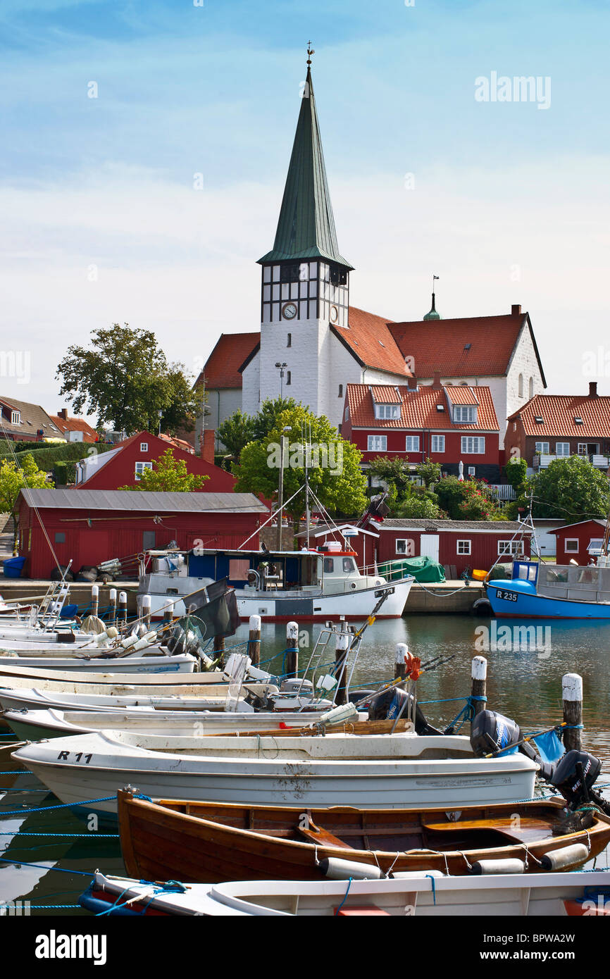 Ronne Harbour and Church Bornholm Stock Photo - Alamy