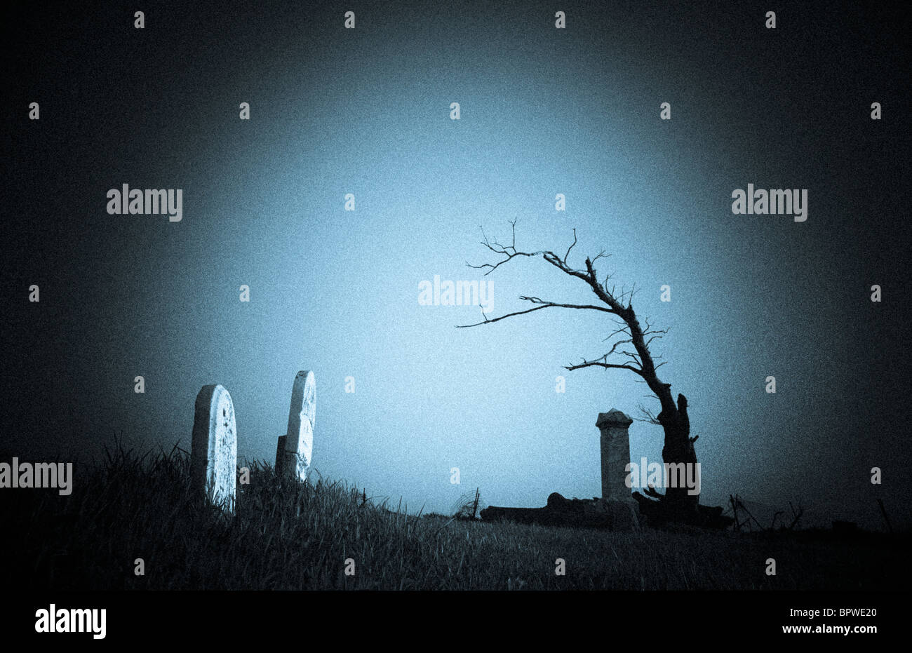 Creepy cemetery with headstones and dead tree Stock Photo - Alamy
