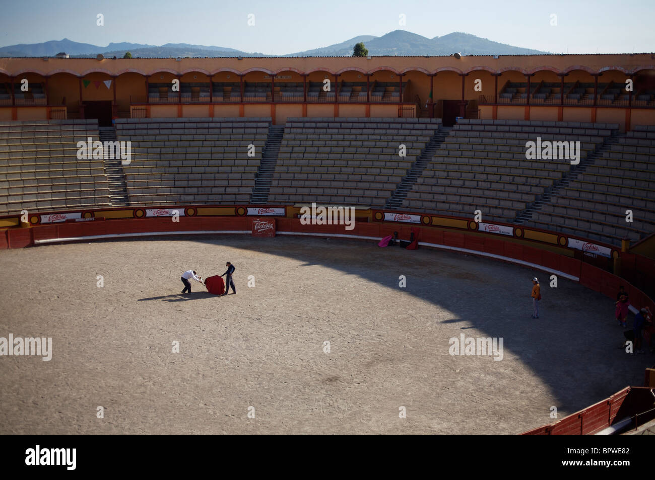 Bullfighters practice in the bull ring of Apizaco, Tlaxcala, Mexico ...
