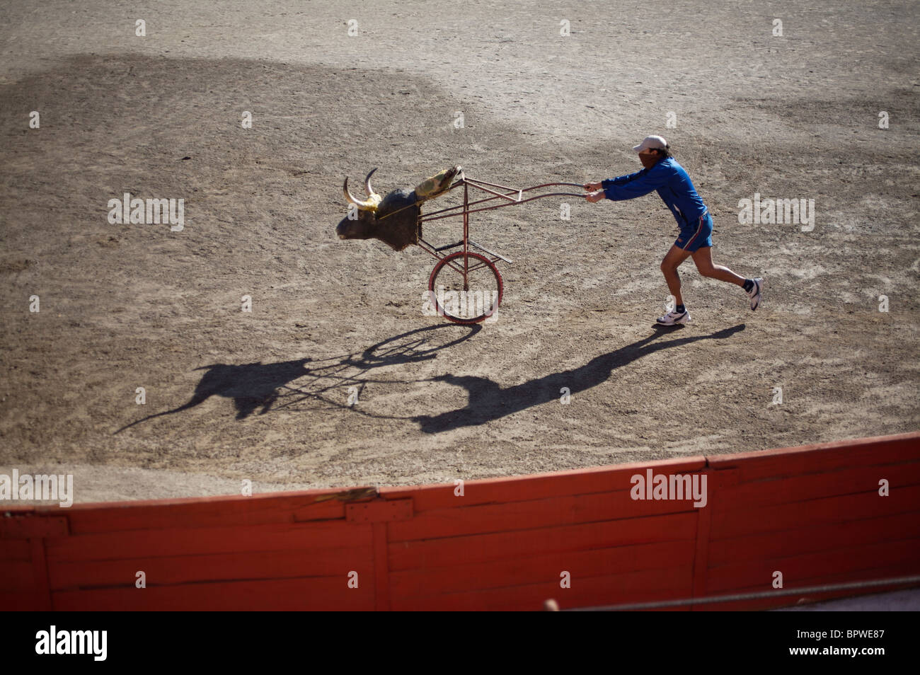 A bullfighter pushes a stuffed bull's head mounted on a bicycle wheel ...