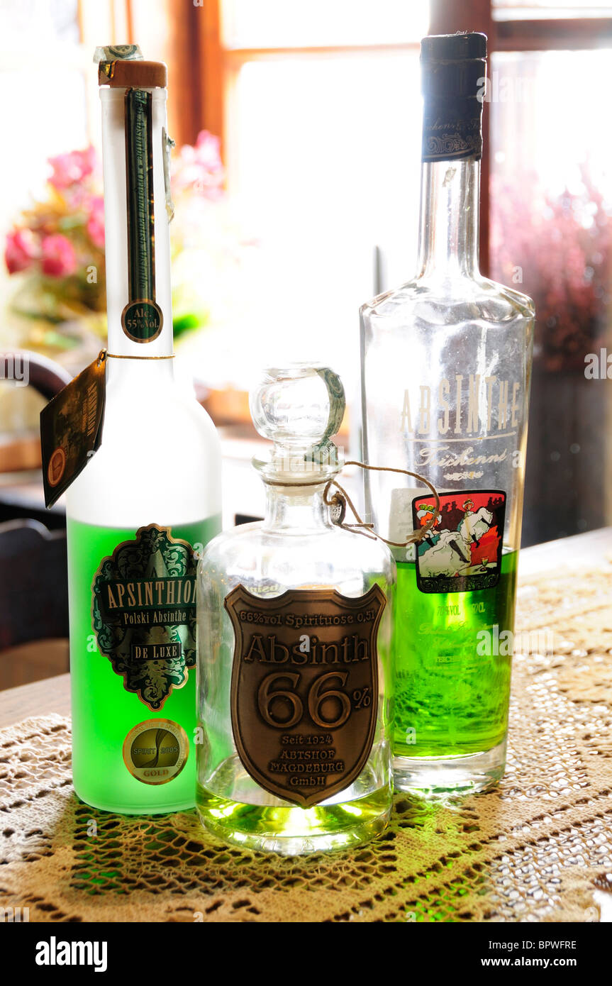 Bottles of green Absinthe bottles displayed in an Absinthe Bar in the ...
