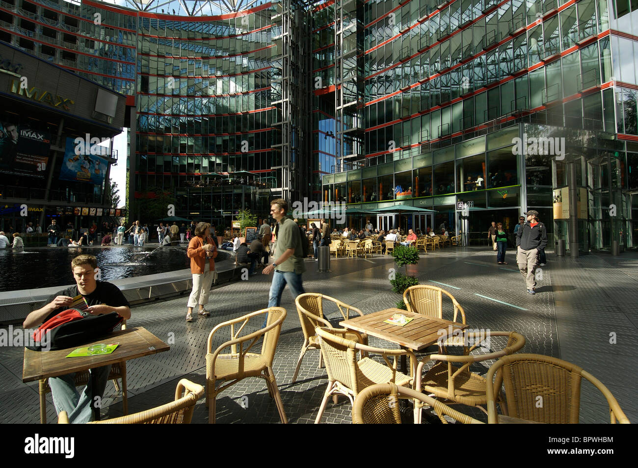 Sony Center buildings - General view ground level with cafe terraces ...