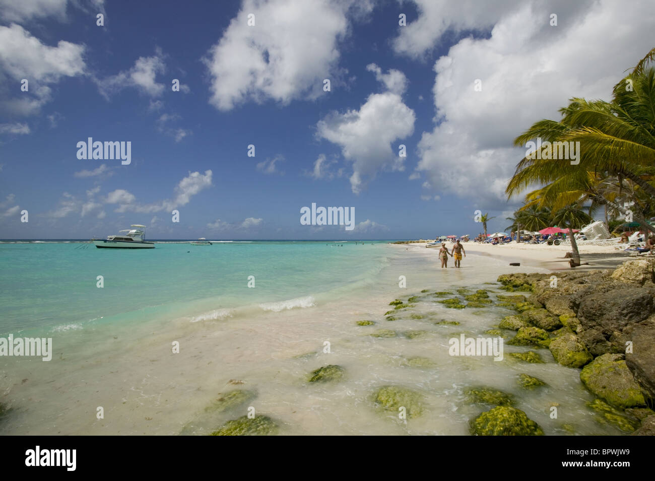 Clear blue water at Sandy Beach in Barbados in the Caribbean Islands ...