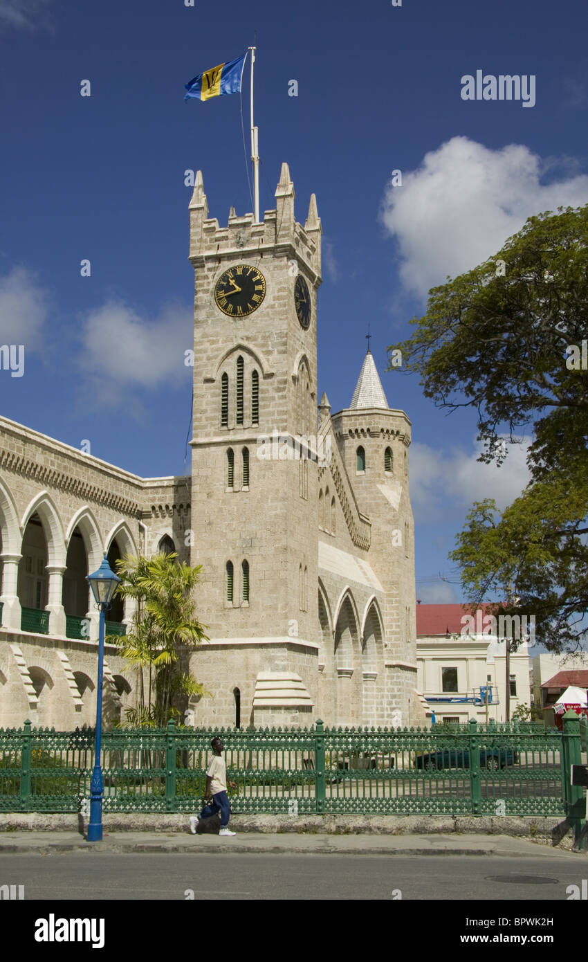 The National Flag of Barbados flying on the clock tower of Parliament ...