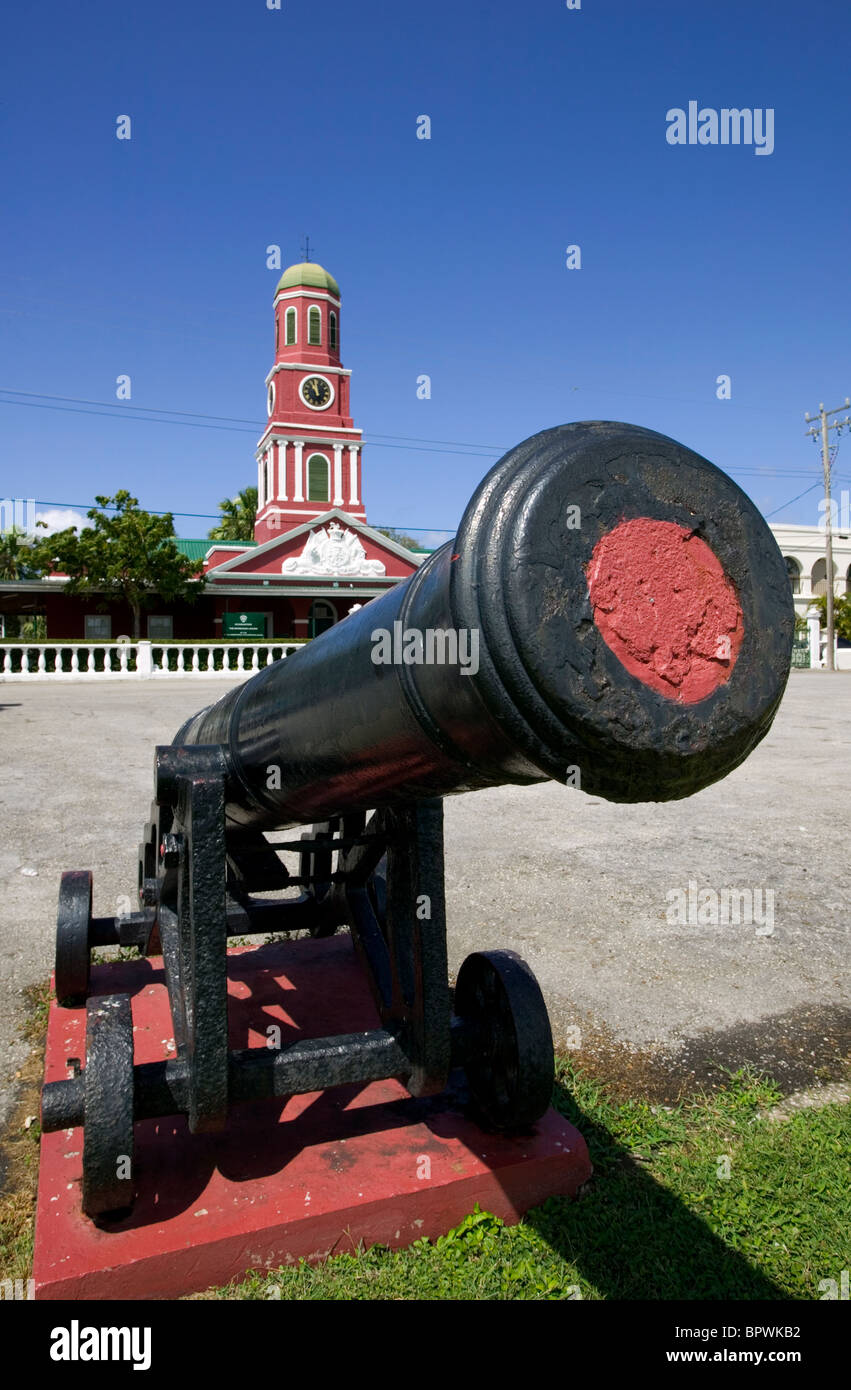 Black cannon with red clock tower of the Main Guard at the Garrison ...