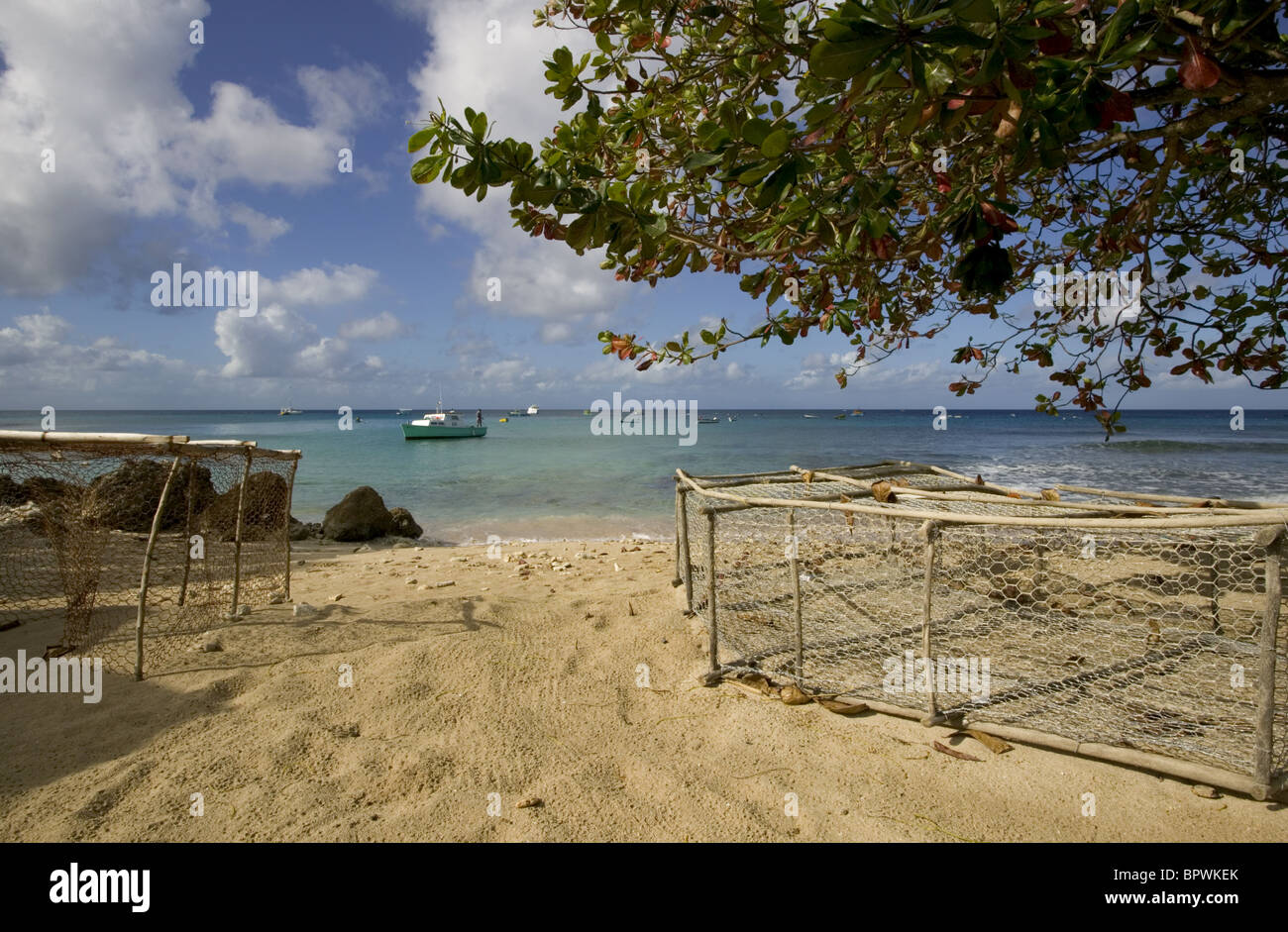 Lobster pots on beach at Six Men's Bay in Barbados in the Caribbean ...