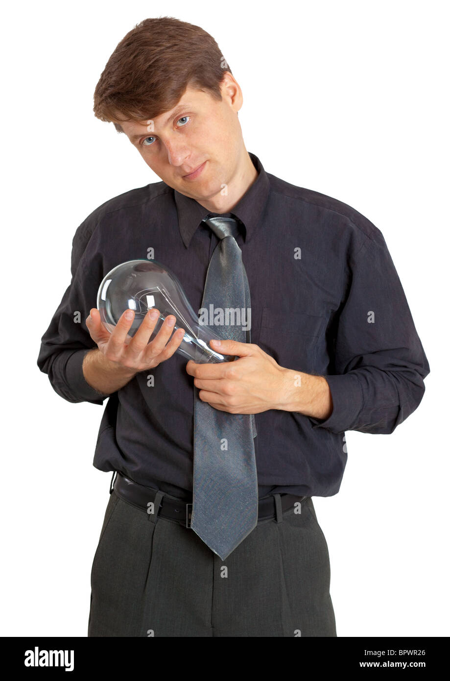 A man keeps on hand a large light bulb on white Stock Photo - Alamy