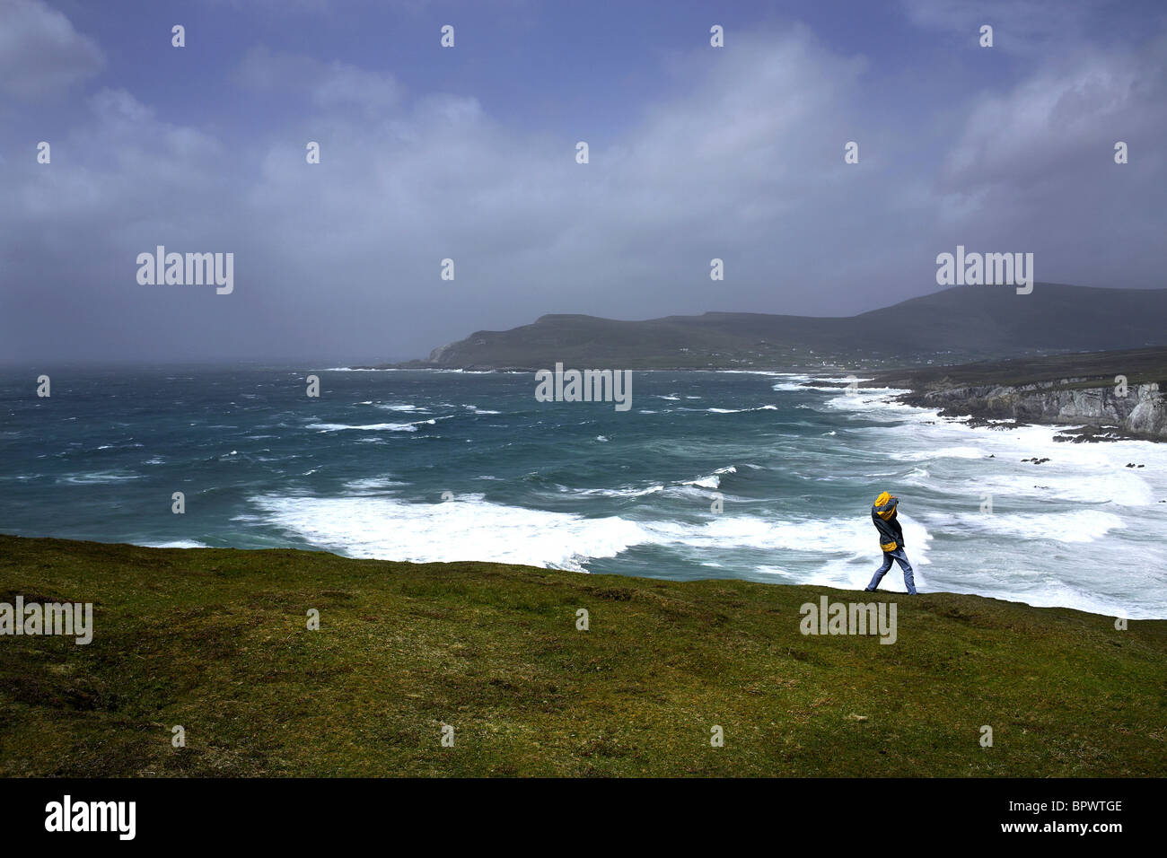 Photographer Standing on Coastal Cliffs in Storm, Ashleam Bay ...