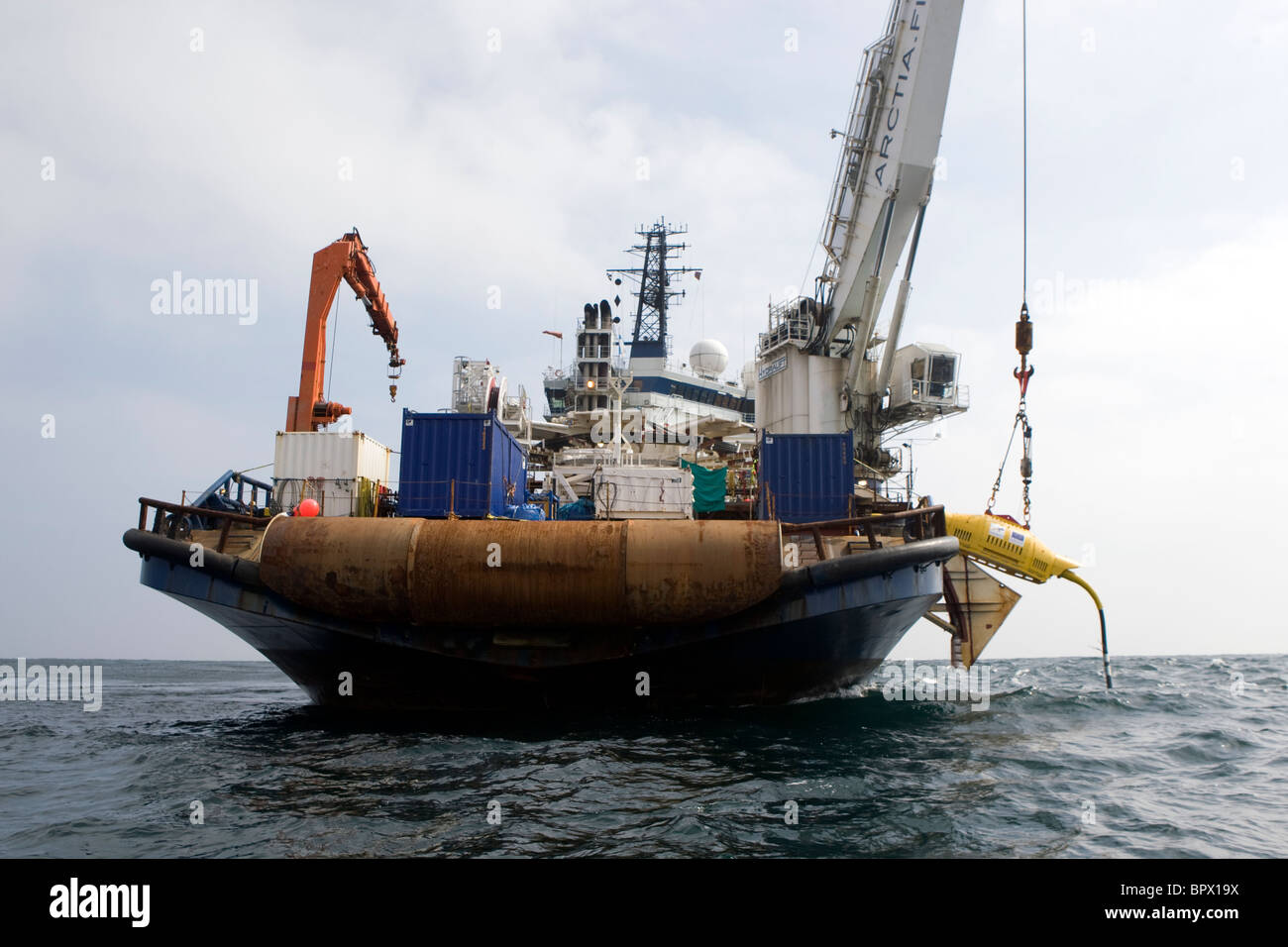 The 12 ton wave hub is lowered from The Nordica in to the Atlantic ...