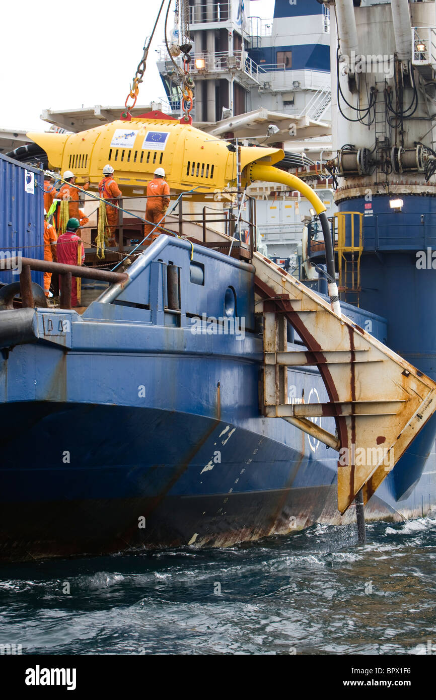 The 12 ton wave hub is lowered from The Nordica in to the Atlantic ...
