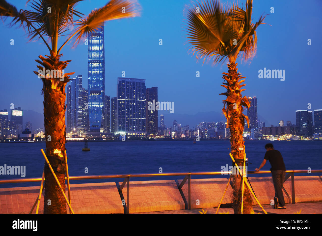 View across Victoria Harbour of West Kowloon Cultural District and ICC ...