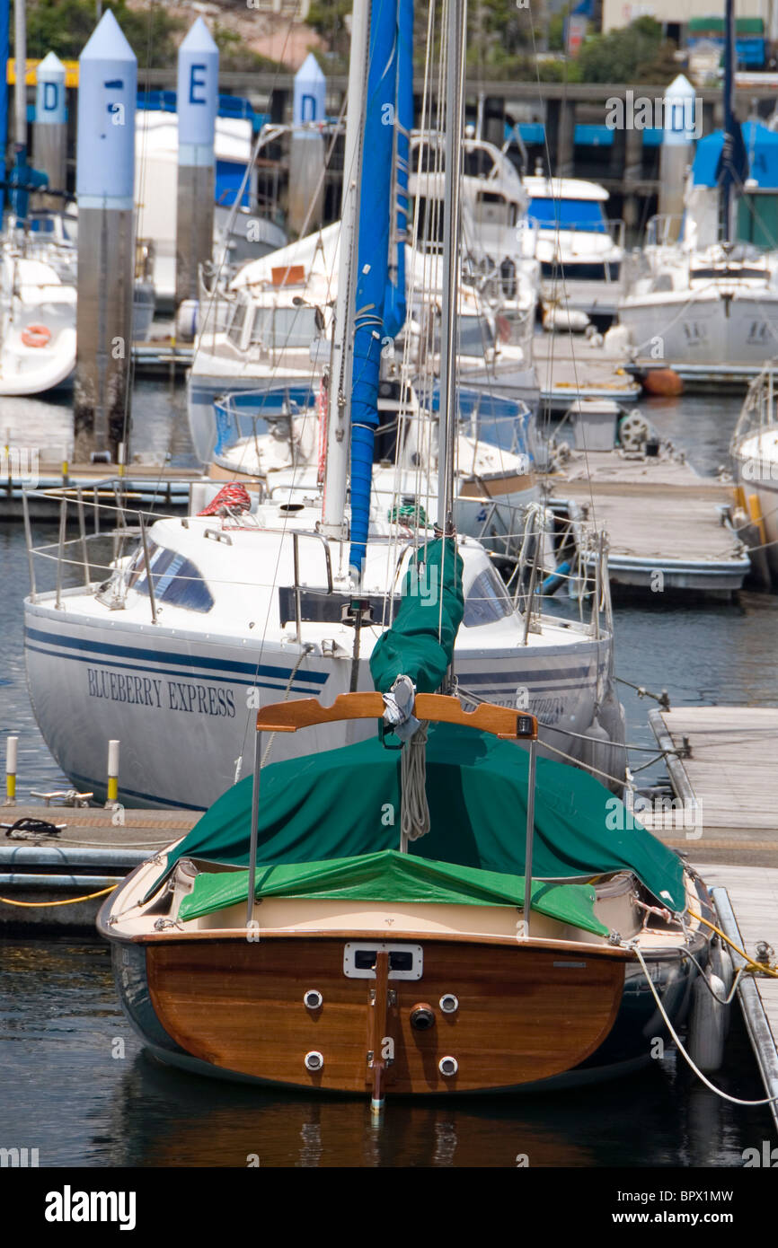 Wooden boat docked at the Yumenoshima Marina, Tokyo, Japan Stock Photo ...