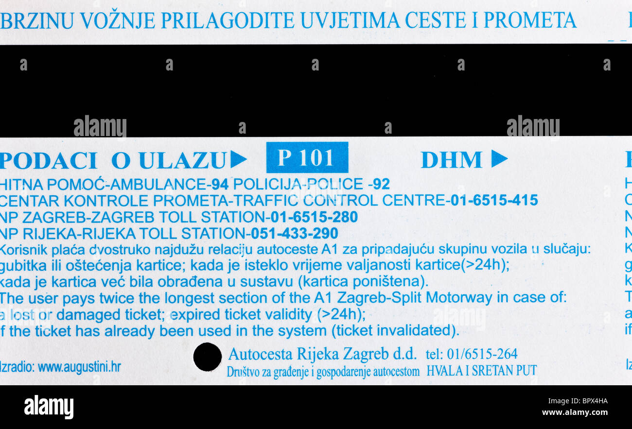 Back side of a croatian highway toll ticket Stock Photo - Alamy