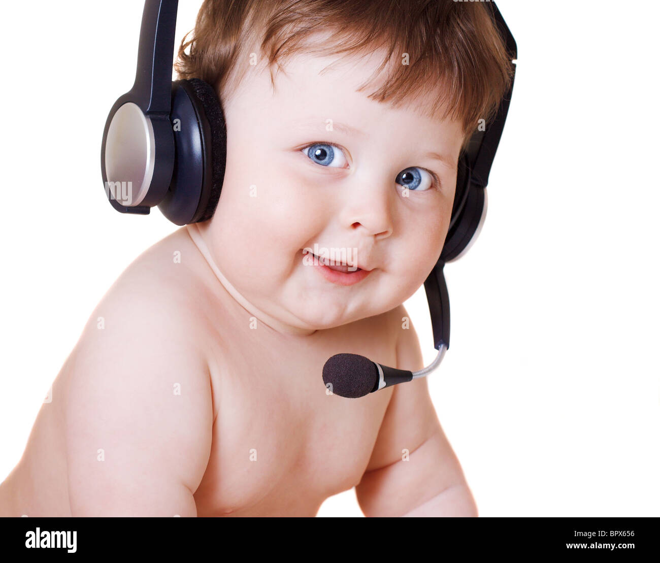 face portrait of smiling baby with headset Stock Photo - Alamy