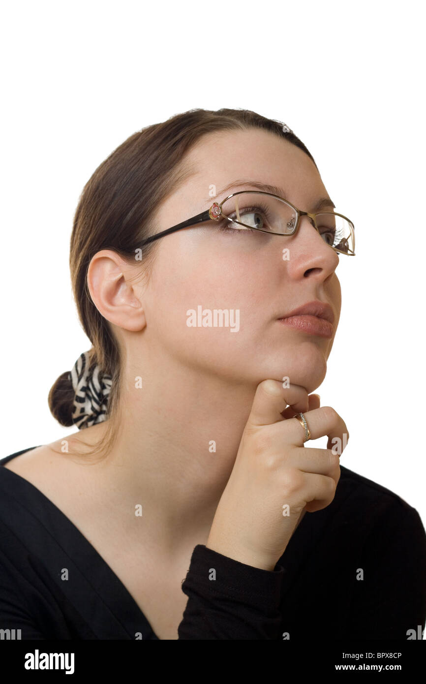 Caucasian girl with glasses thinking. Isolated on white Stock Photo - Alamy