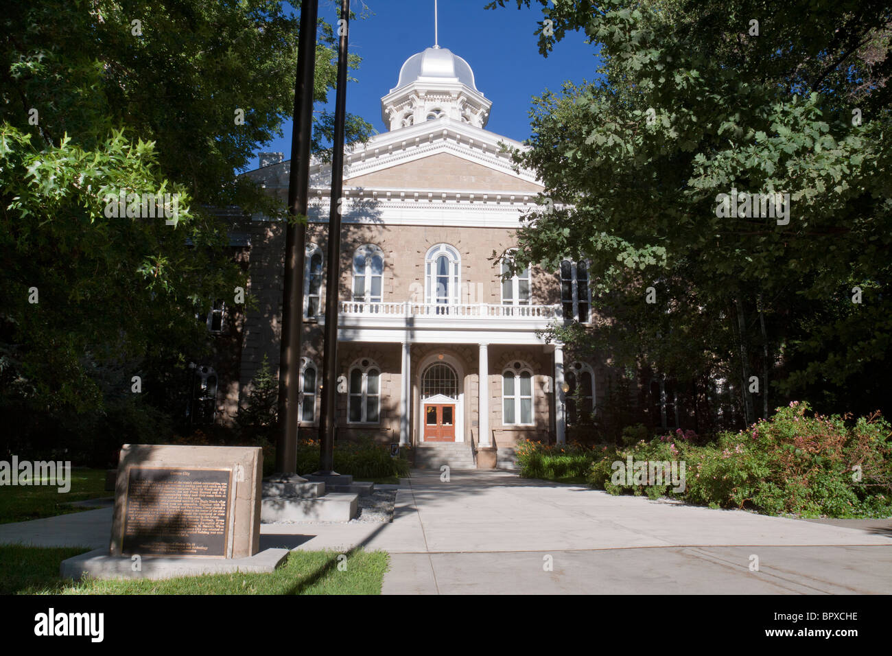 Front of the Nevada state capitol building or statehouse with plaque in ...