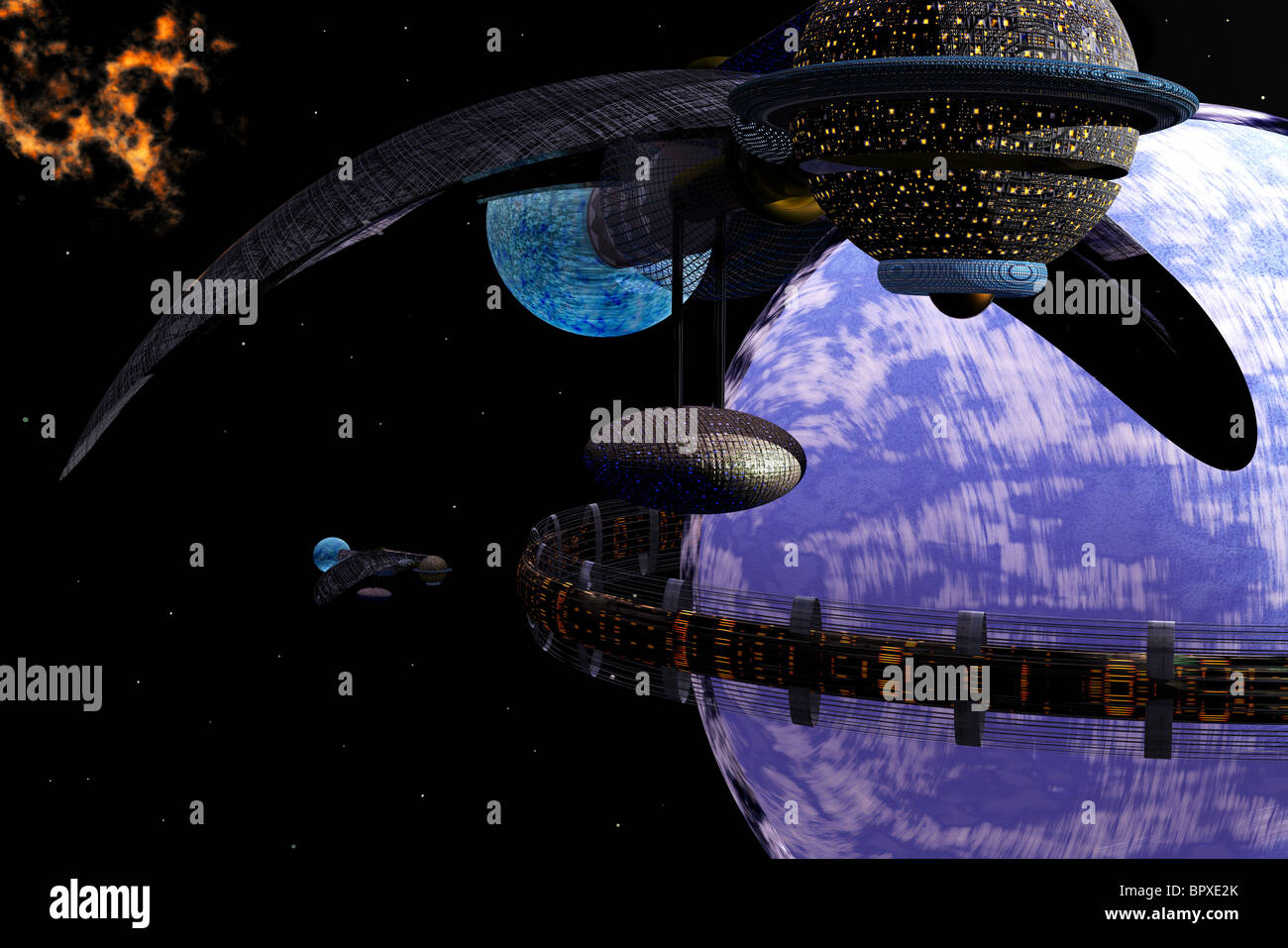 3D alien spacecraft near blue planet with ring habitat in orbit Stock ...