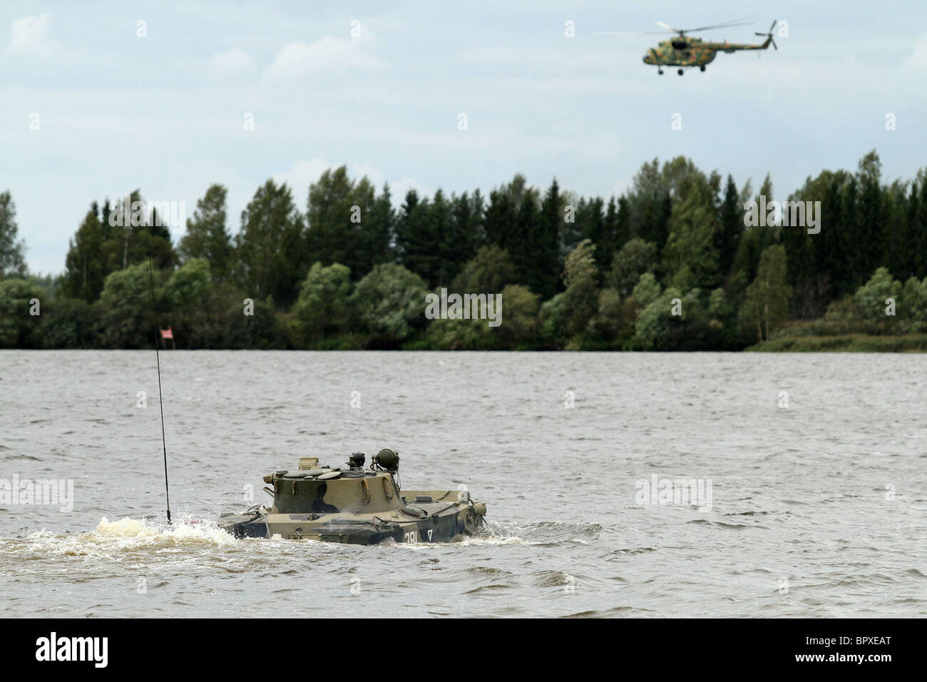 KOSTROMA REGION, RUSSIA, 2010: The crossing of the Volga. Command post ...