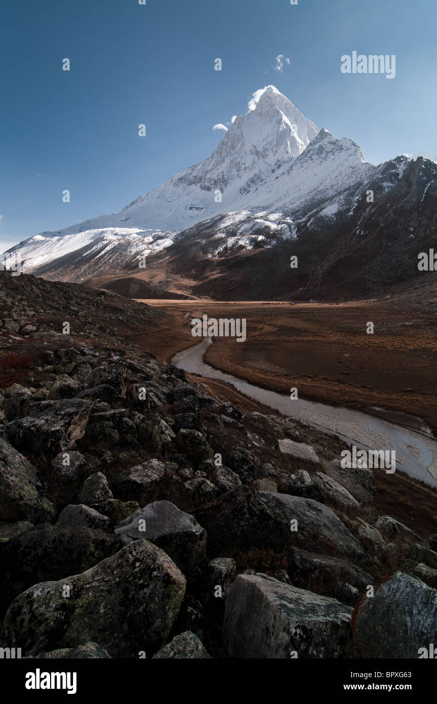 Shiviling and the Indo-German expedition base camp in afternoon light ...