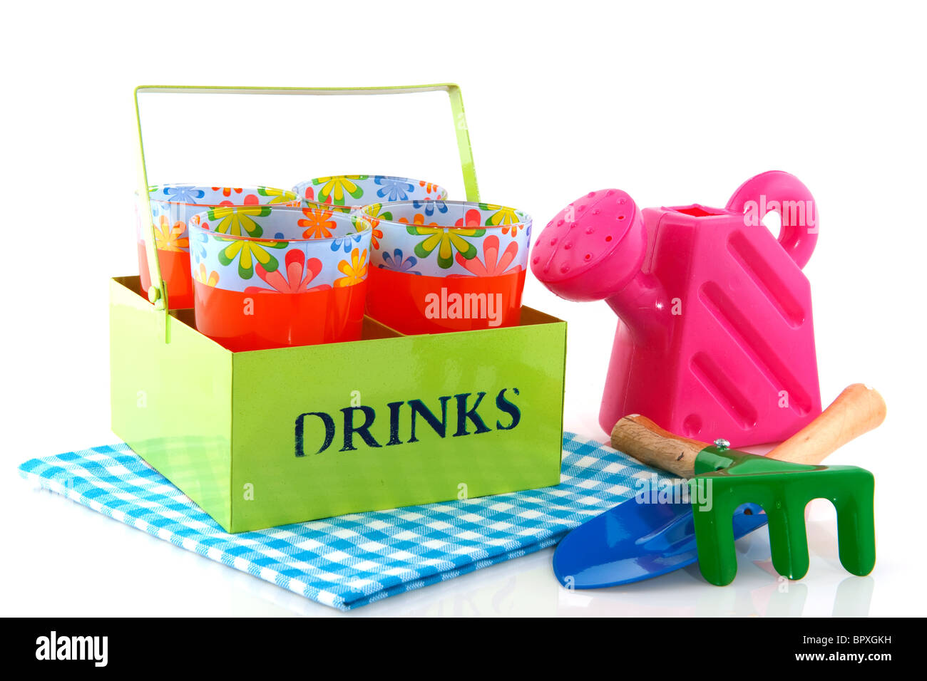 Gardening in summer with working tools and lemonade Stock Photo - Alamy