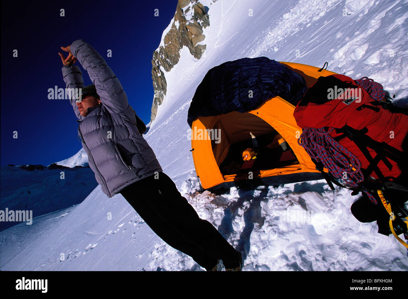 Woman snow camping in the French Alps, France Stock Photo - Alamy