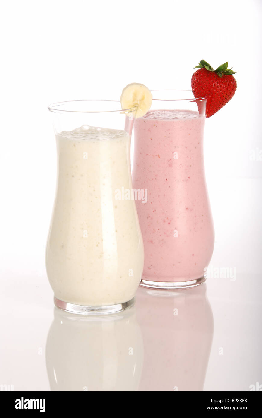 Strawberry and banana milkshakes Stock Photo - Alamy