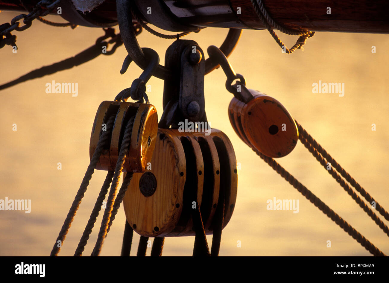 Classic wooden blocks onboard sailboat Stock Photo - Alamy
