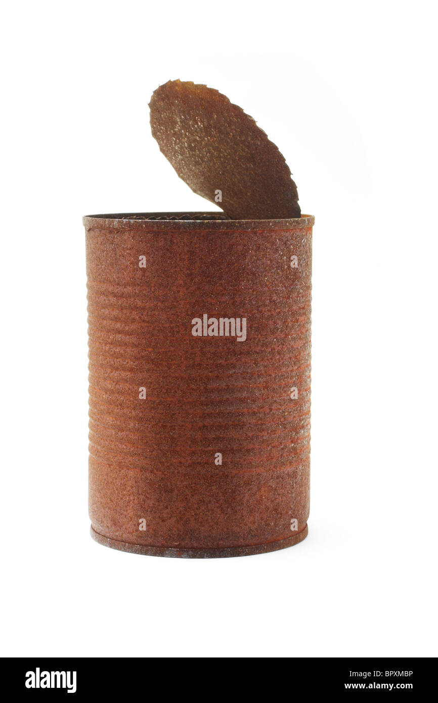 Old rusty tin can on white background Stock Photo - Alamy