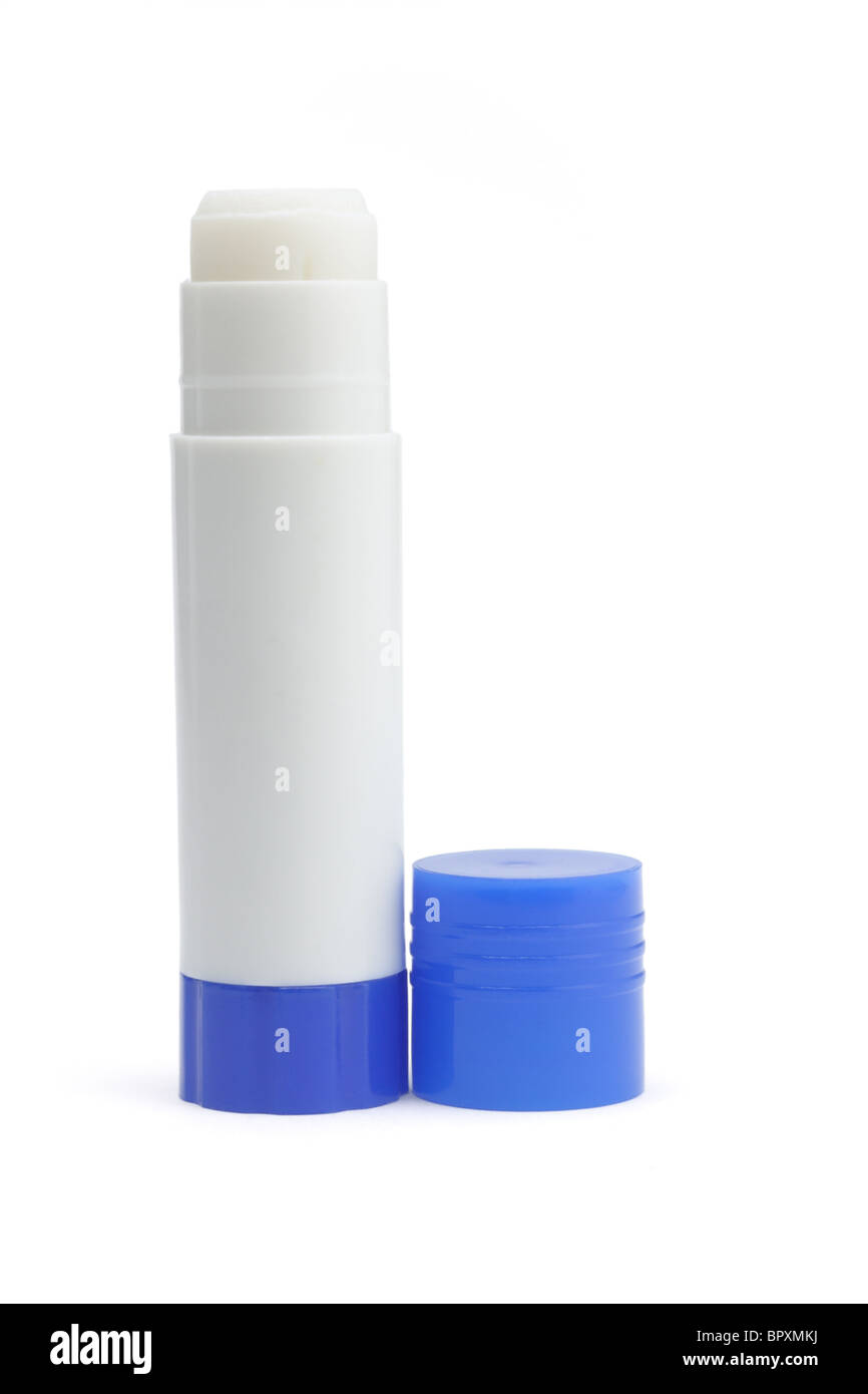 Open paper glue stick with blue cap on white background Stock Photo - Alamy