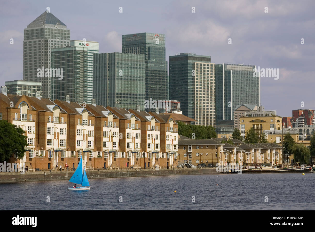 England London Docklands Canary Wharf skyline from Surrey Docks Stock ...