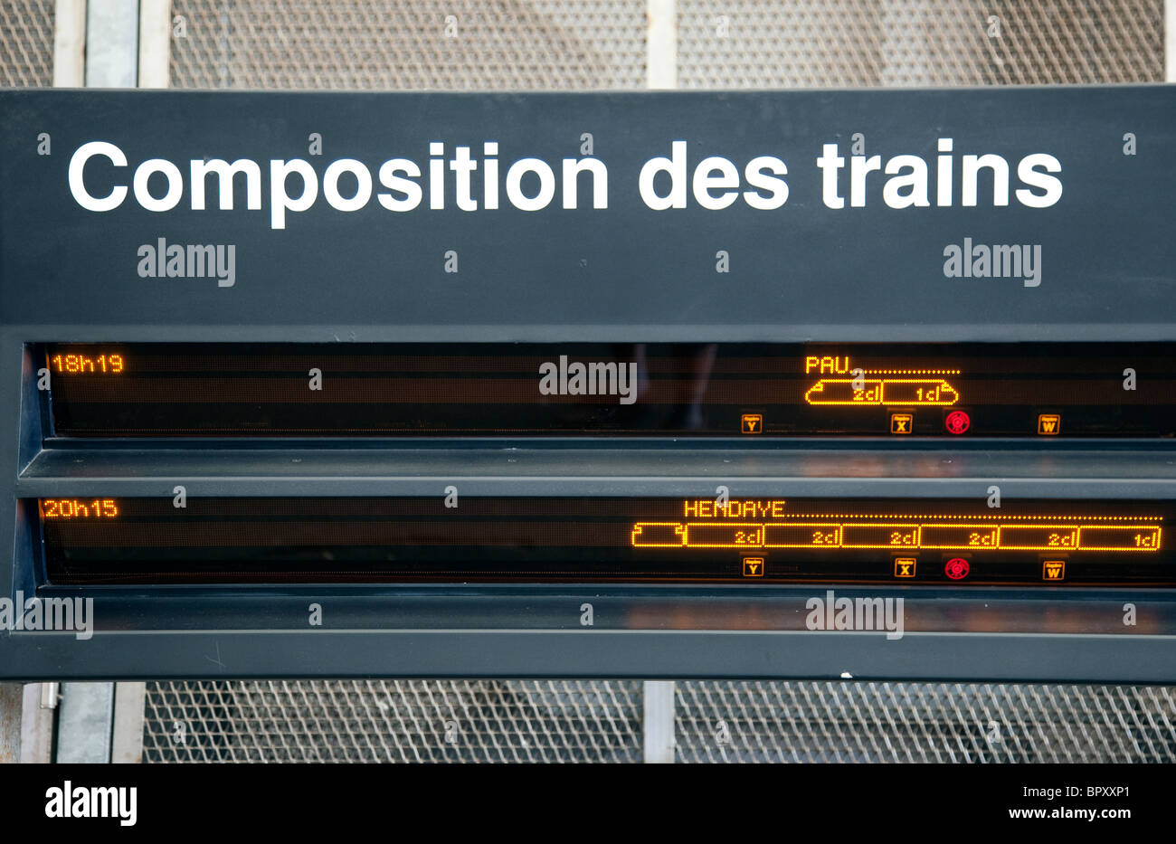 Composition of trains indicator on platform in French railway station ...