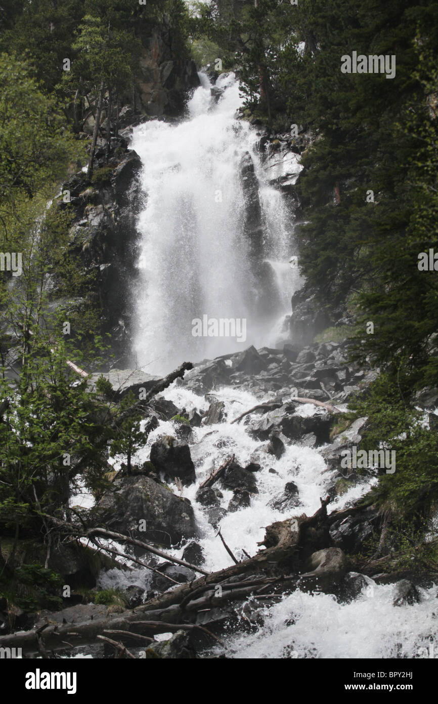 De Ratera waterfalls and alpine forest on Pyrenean Traverse track in ...