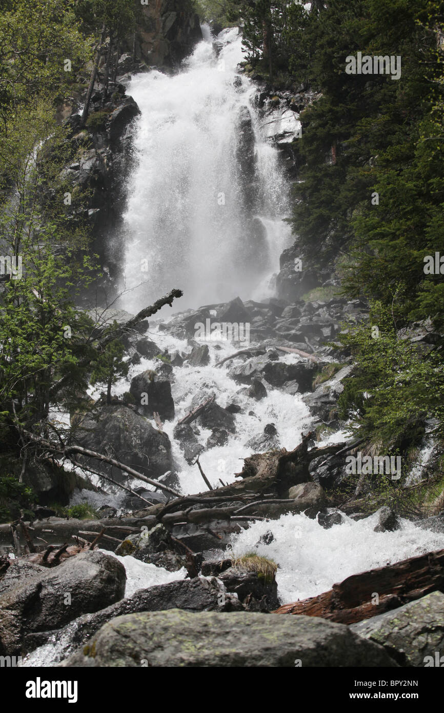 De Ratera waterfalls and alpine forest on Pyrenean Traverse track in ...