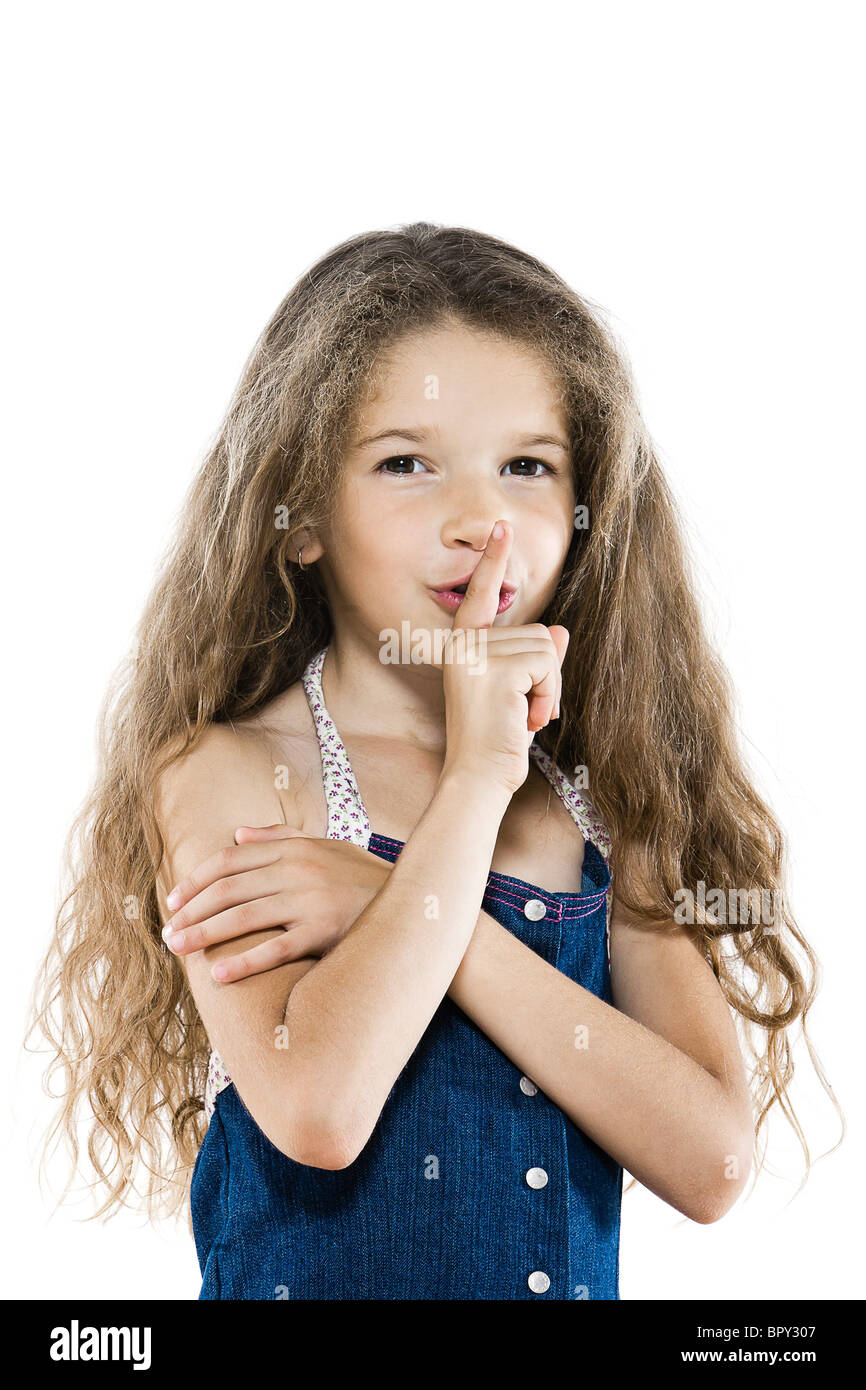 caucasian little girl portrait ask silence isolated studio on white ...