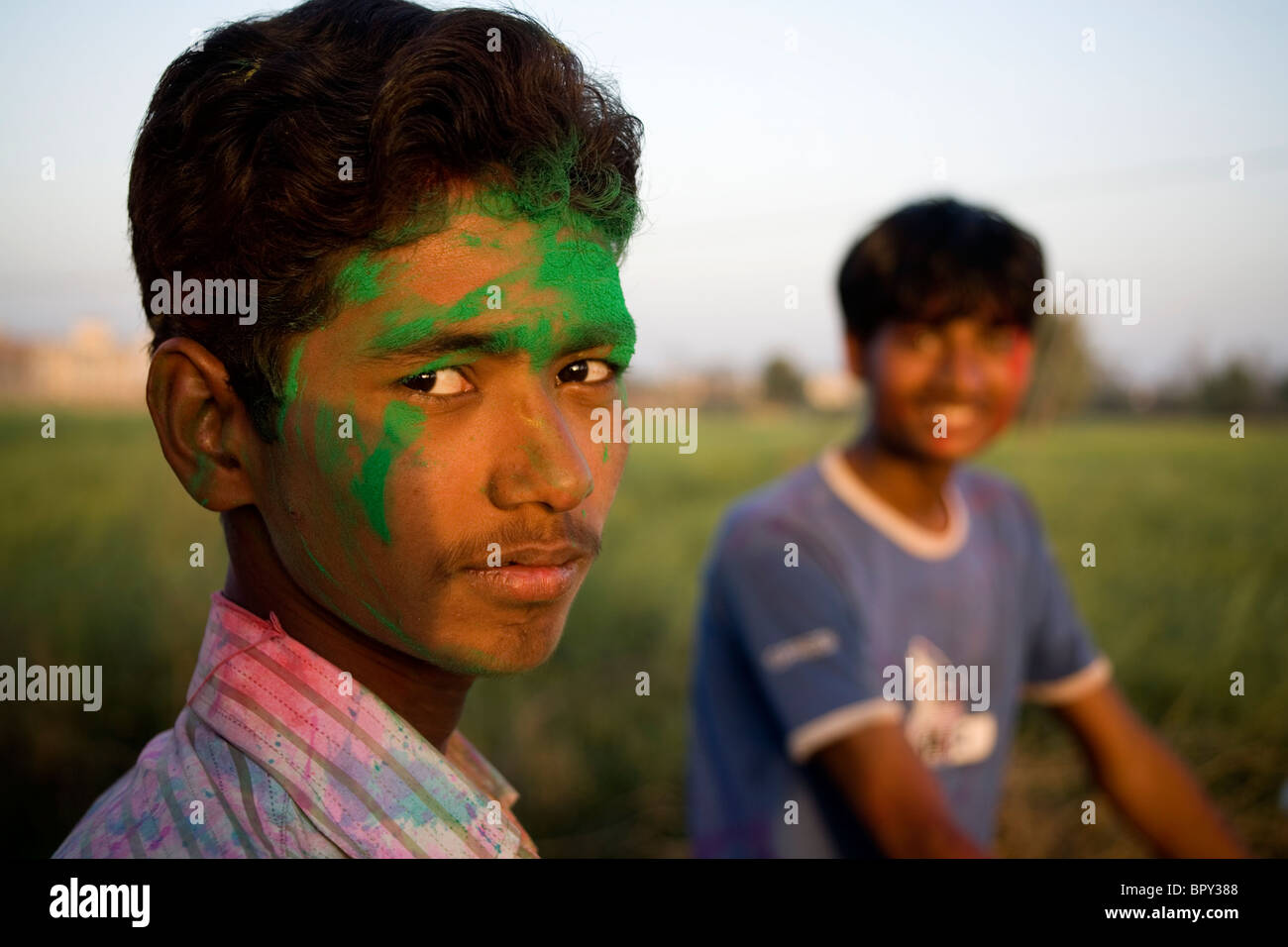 Portrait of Indian young men on holi day, Bodhgaya, Bihar, India Stock ...